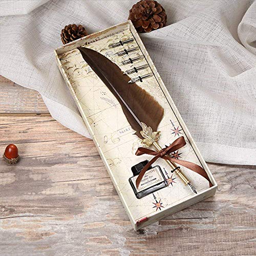 Calligraphy Feather Pen Set- Vintage Writing Feather Quill Pen Ink Set- 5pcs Metal Pen Nib Wedding Gift Set (Compass Box Feather Pen)