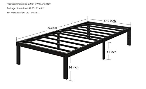 COMASACH XL Twin Bed Frame and 6 Pcs Non Slip Mattress Gaskets, No Box Spring Needed, 14 Inch Black Metal Platform Bed Frames, 2000Lb Heavy Duty Steel Slat Support, Noise Free Mattress Foundation
