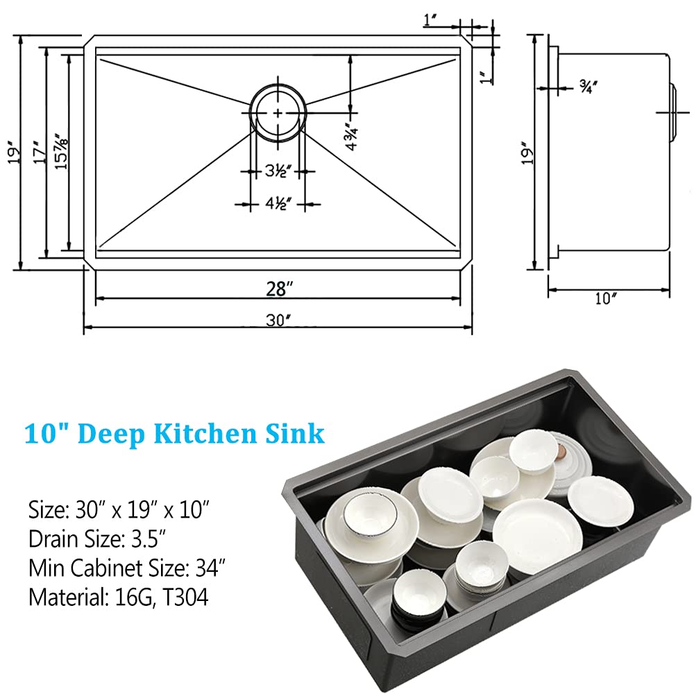 30 Inch Undermount Kitchen Sink Black Stainless Steel, BoomHoze 30 x 19 Inch Undermount Workstation Sink Single Bowl Commercial 16 Gauge Stainless Steel Black Kitchen Sink Deep Kitchen Sink