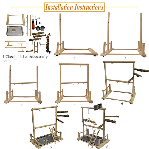 kathson Bird Playground Parrot Perch Stand Toys, Birds Wood Play Gym Activity Center Exercise Playpen Ladder Swing with Feeder Cups Chewing Toy(Include a Tray)