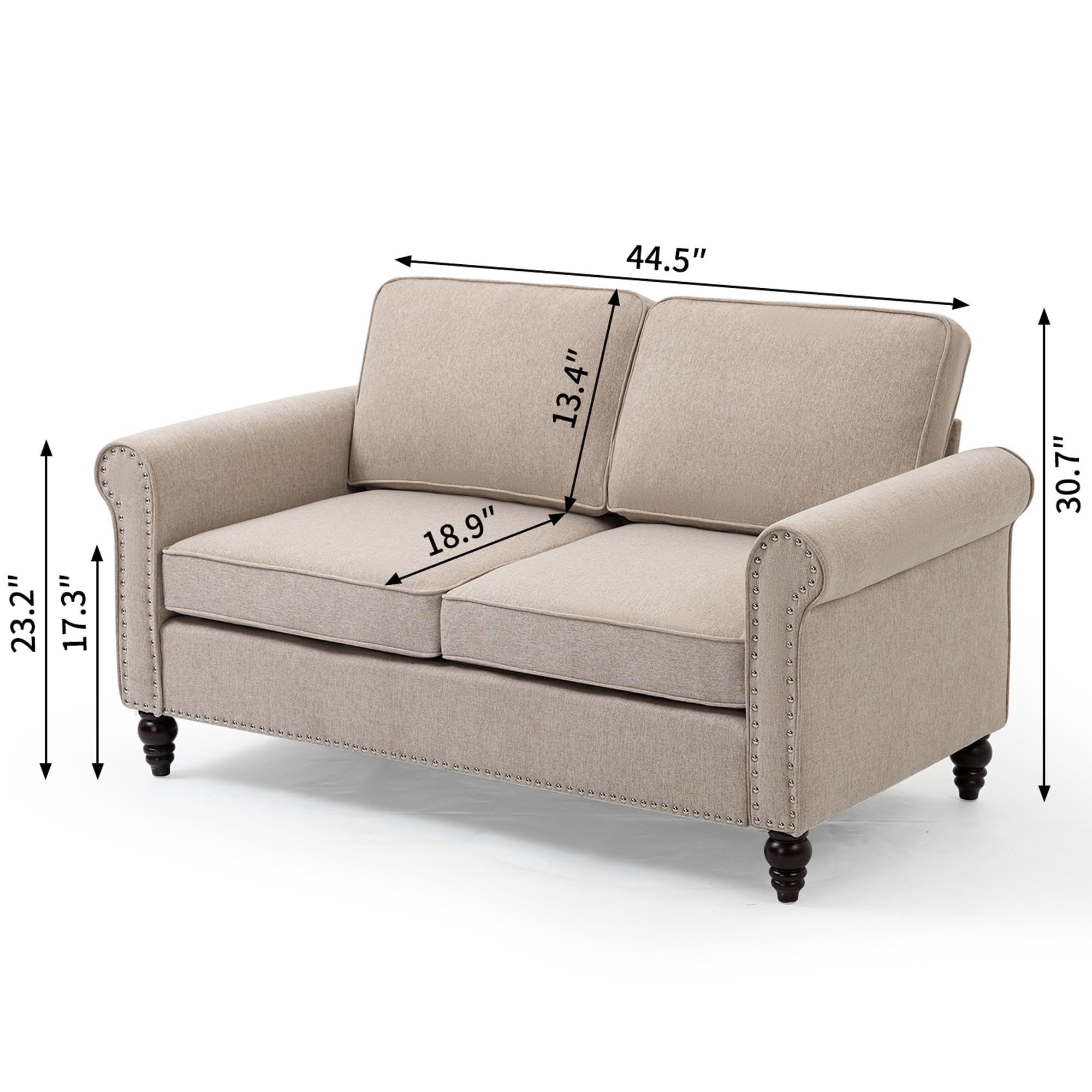 48" Small Loveseat Sofa Couch, Mid Century Modern Comfy Sofa Couch, Upholstered 2 Seater Mini Love Seat Couch with Rolled Armrest & Nailhead Trim for Small Spaces, Bedroom, Living Room, Apartment