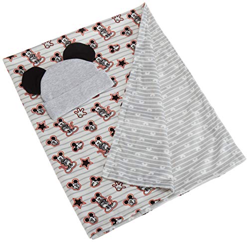 Cudlie Disney Baby Boy Mickey Mouse Reversable Double Sided Mink Blanket & Grey Micky Cap with Ears