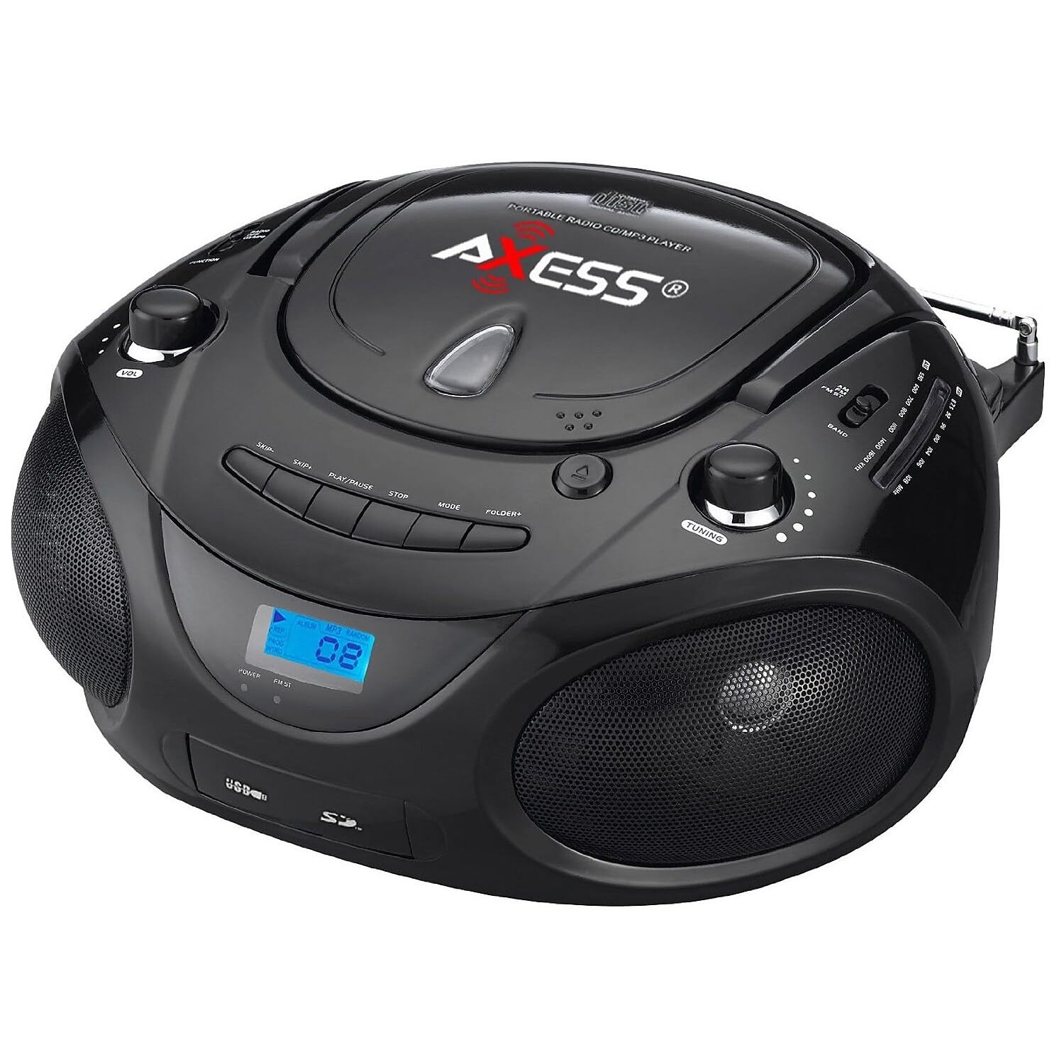 AXESS PB2703 Portable MP3/CD Boombox with AM/FM Stereo, USB, SD, MMC (Black)
