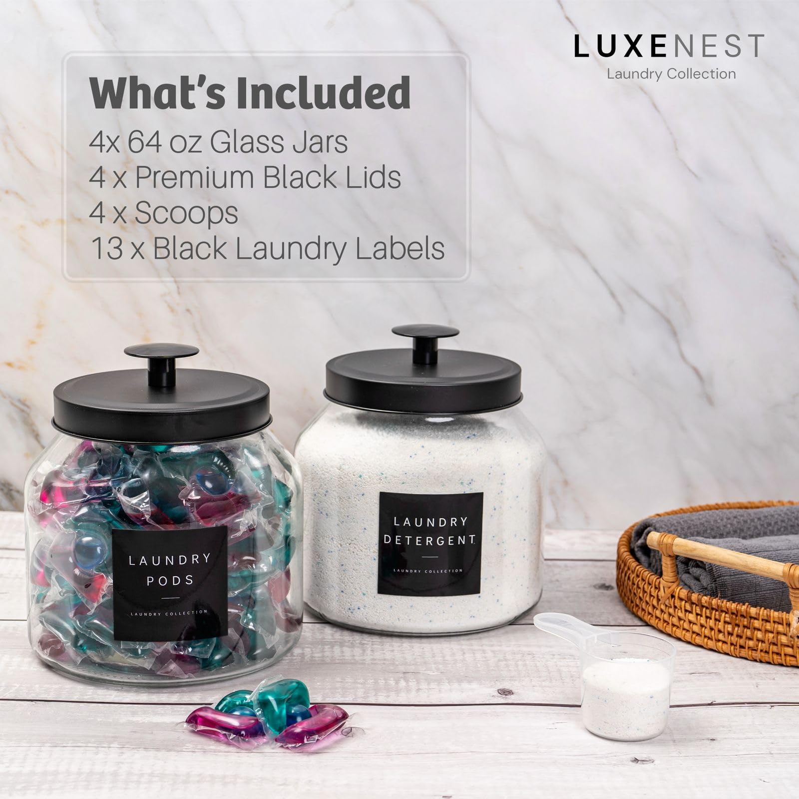 4 Pack Laundry Room Organization and Storage Containers 64 Oz With Labels, Half Gallon Glass Laundry Organizer Jar Holder For Laundry Pods, Scent Booster, Detergent, Dryer Balls Includes 4 Scoops