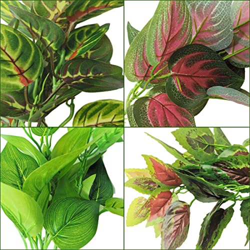 PINVNBY Reptile Terrarium Plants Hanging Artificial Lizards Habitat Climbing Decorations with Suction Cup Pets Tank Fake Green Plastic Ornament for Amphibians Bearded Dragons 6PCS