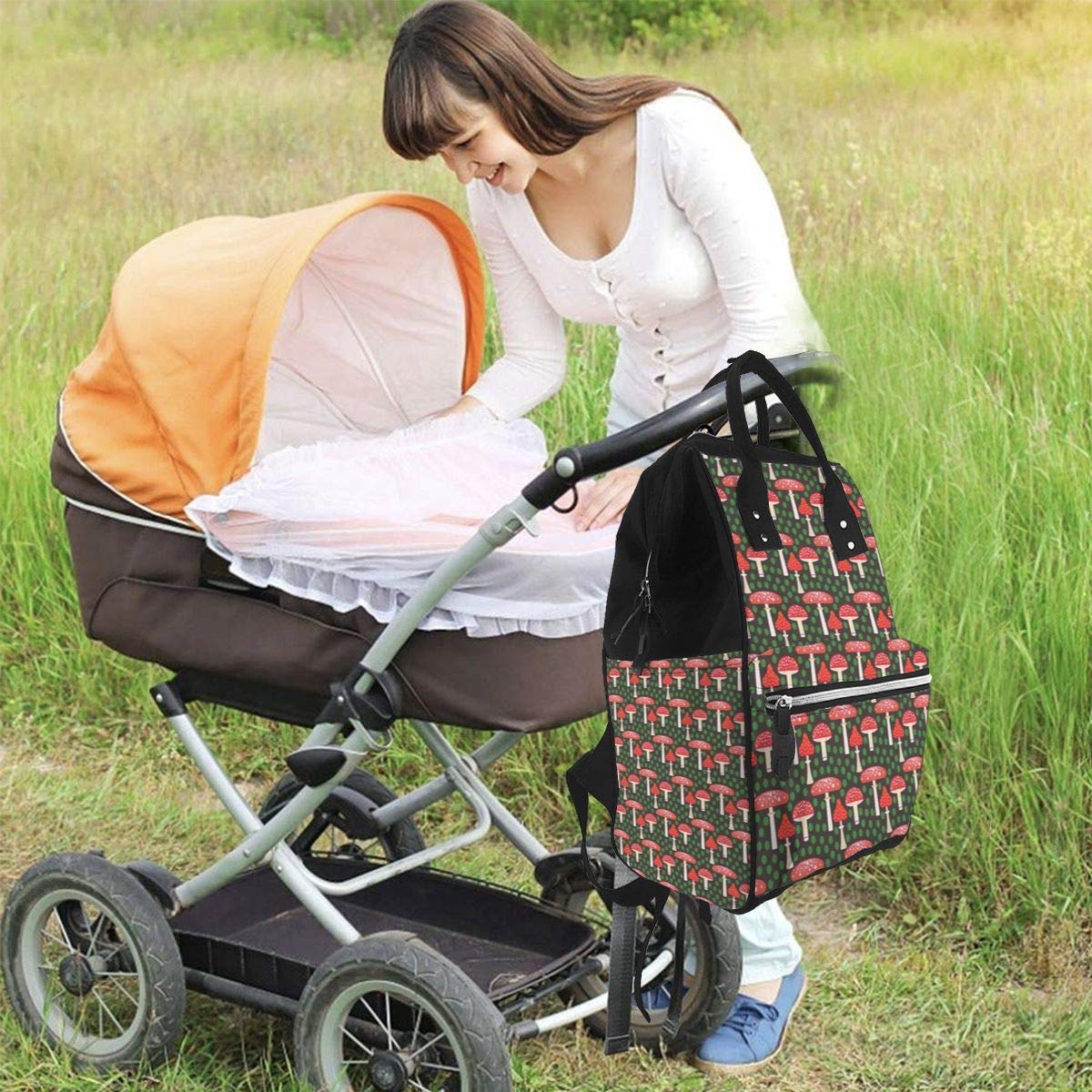 Green Polka Dot Mushrooms Diaper Bag Backpack, Multi Function Nappy Bag Large Capacity Mommy Backpack Organizer for Baby Care Baby Bag for Mom and Dad