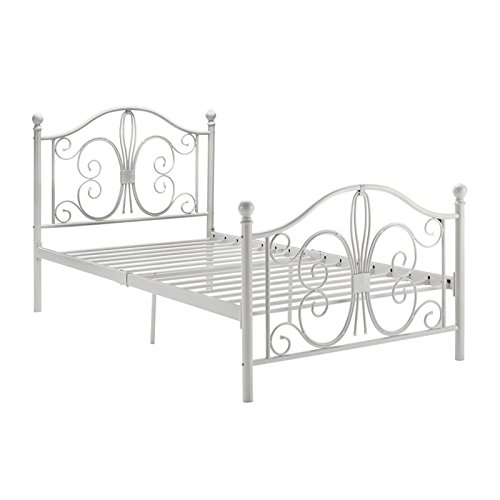 DHP Bombay Metal Platform Bed with Parisian Style Headboard and Footboard, Adjustable Base Height for Underbed Storage, No Box Spring Needed, Twin, White