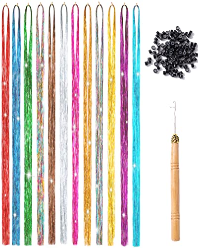 Sedfzo 47 Inch Tinsel Hair Extensions Glitter Kit - 12 Mixed Colors 2400 Strands Sparkling Shiny Hair Tinsel with Tools for Ball Party,Halloween Christmas New Year Halloween Cosplay Party