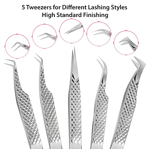 GTEX Lash Tweezers For Eyelash Extensions Tweezers Set of 5, Japanese Stainless Steel, Straight Curved 45 90 Degree Volume Eyelash Tweezers - SILVER