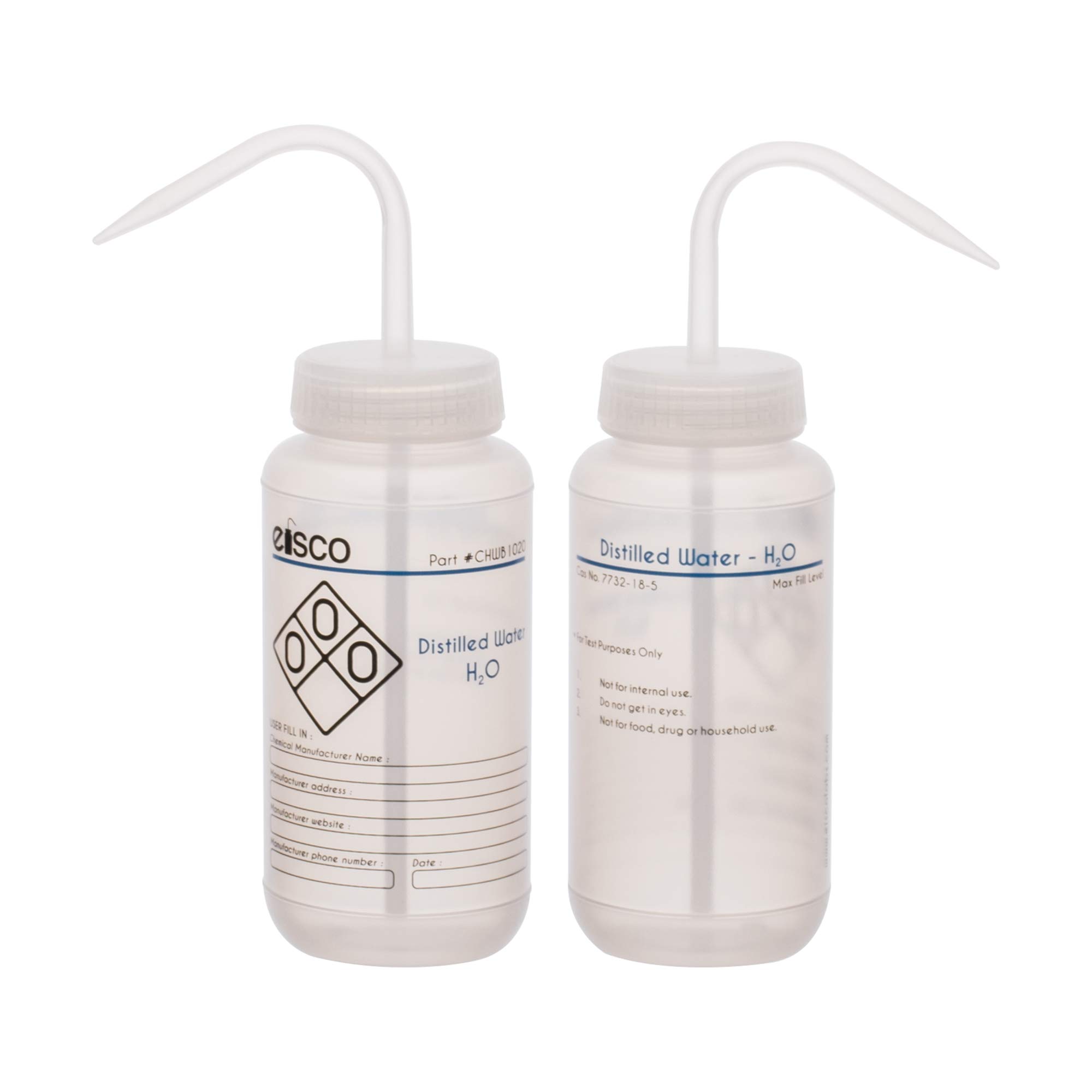 EISCO Wash Bottle for Distilled Water, 500ml - Labeled with Color Coded Chemical & Safety Information (2 Color) - Wide Mouth, Self Venting, Low Density Polyethylene Labs