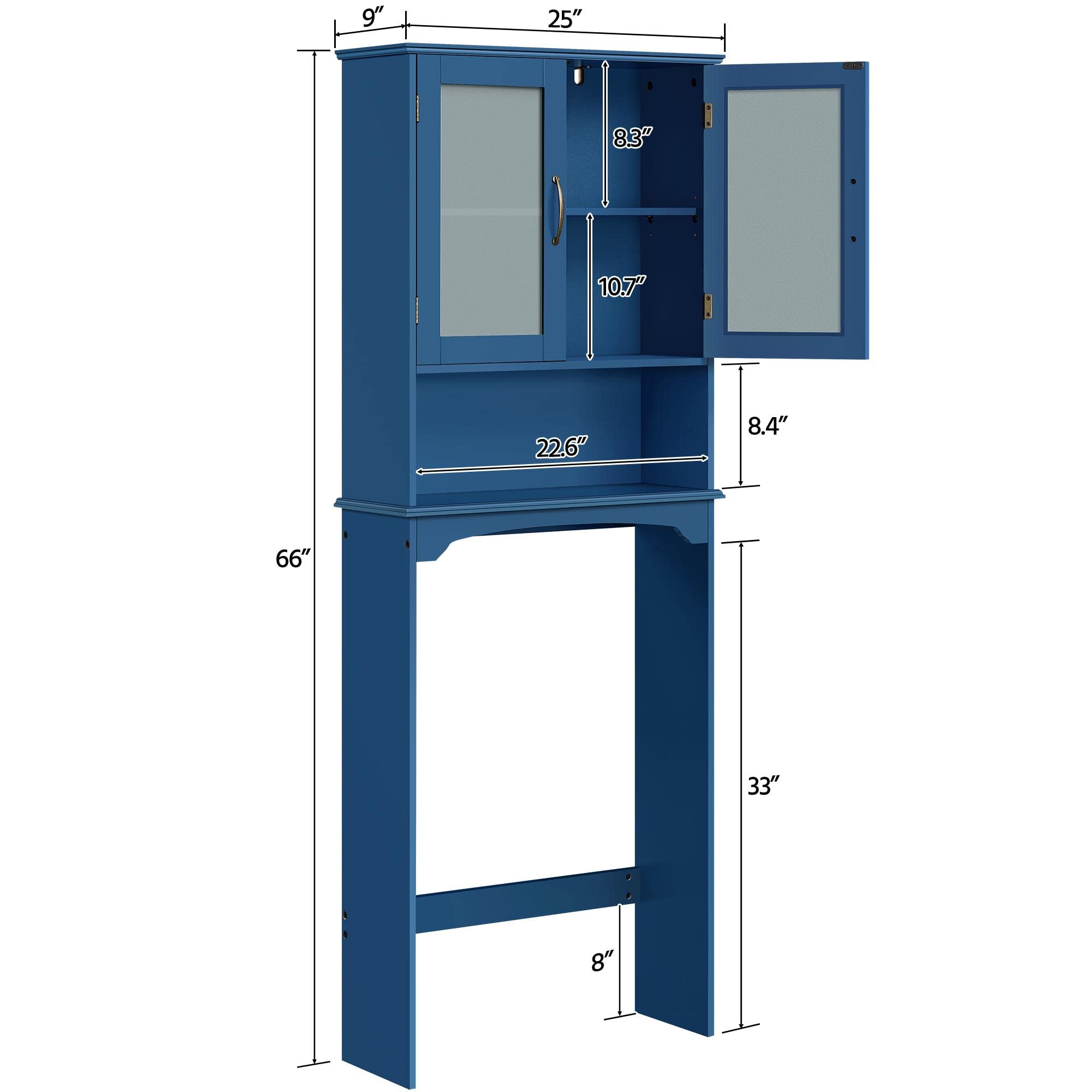 Topeakmart Over The Toilet Storage with 2-Door Tempered Glass Cabinet, Wooden Space-Saving with Toilet Rack and Inner Adjustable Shelf, L25xW9xH66, Navy Blue