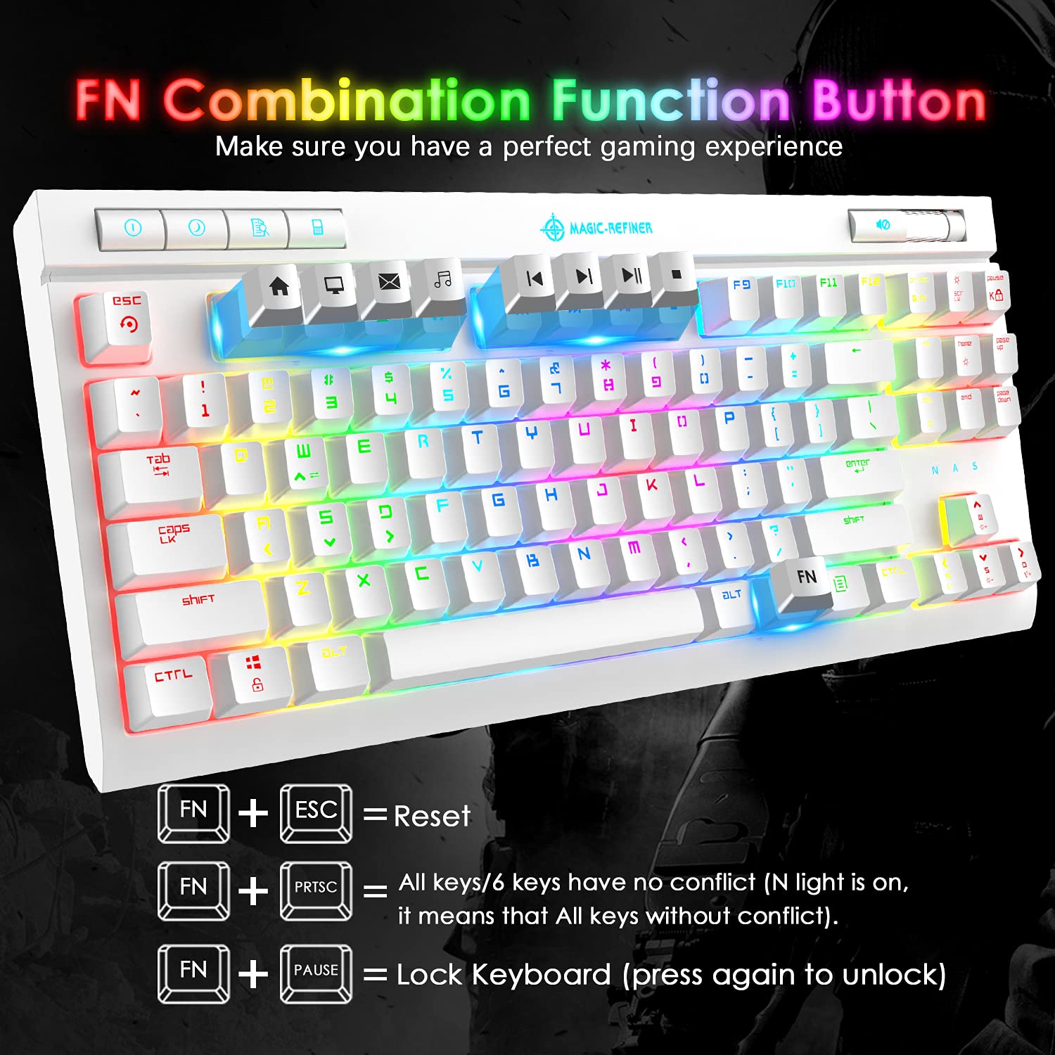 ZIYOU LANG Mechanical Gaming Keyboard,Chroma RGB 18 Kinds LED Backlit Keyboard with Wired Type C,87 Keys Anti-ghosting,Blue Switch and 4 Low Profile Switch Scroll Wheel for PC Gamers