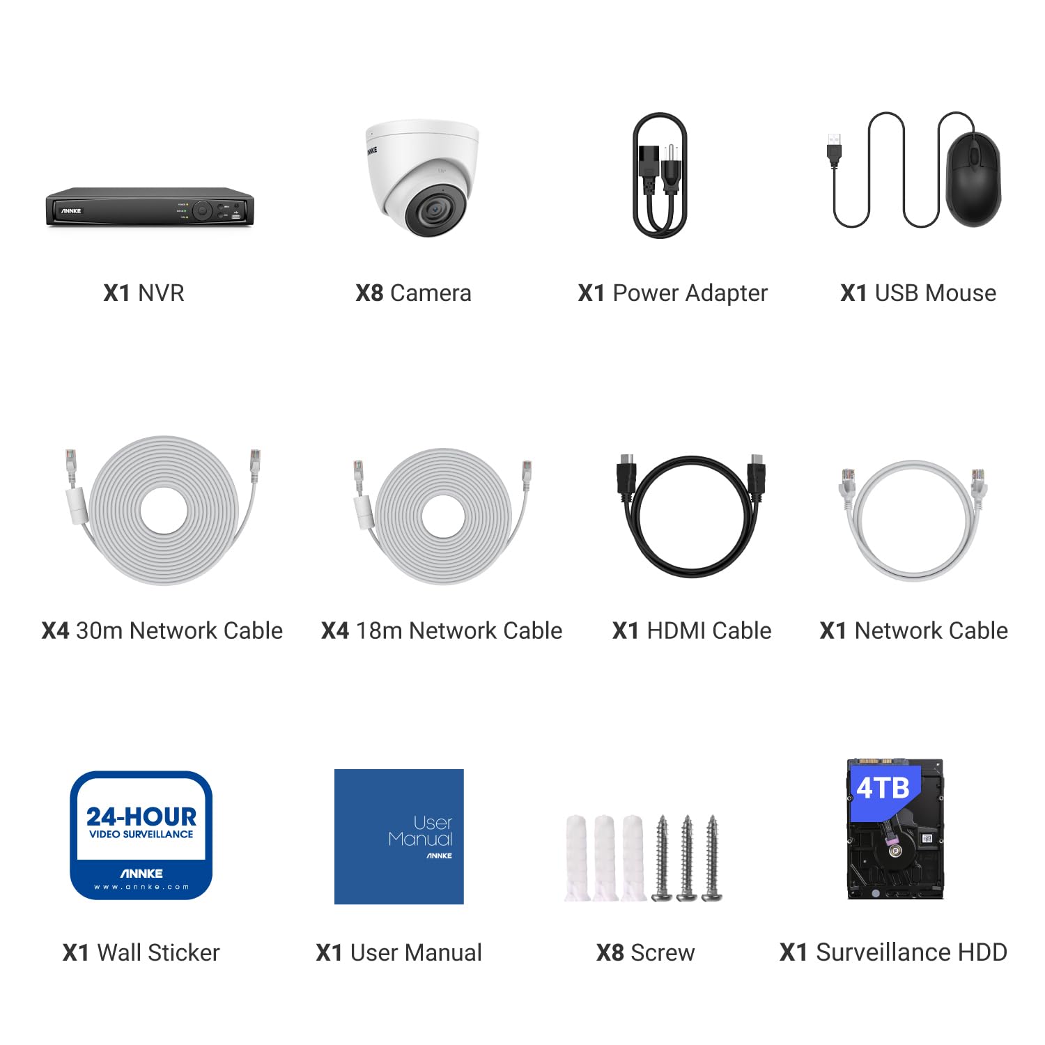 ANNKE 16CH PoE Security Camera System, 8X 3K/5MP Wired Turret IP Cameras with Built-in Microphone, 2.8mm Lens, IP67, 12MP NVR Recorder with 4TB HDD, AI Motion Detection, Compatible with Alexa