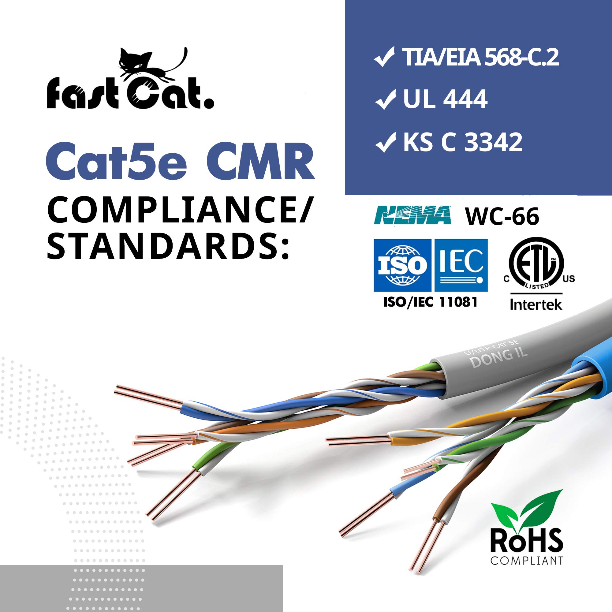 fast Cat. Cat5e Ethernet Cable 1000ft - 24 AWG, CMR, Insulated Bare Copper Wire Cat 5 ethernet Cable with FastReel - 350MHZ / Gigabit Speed UTP Cable Cat5e - CMR (Blue)