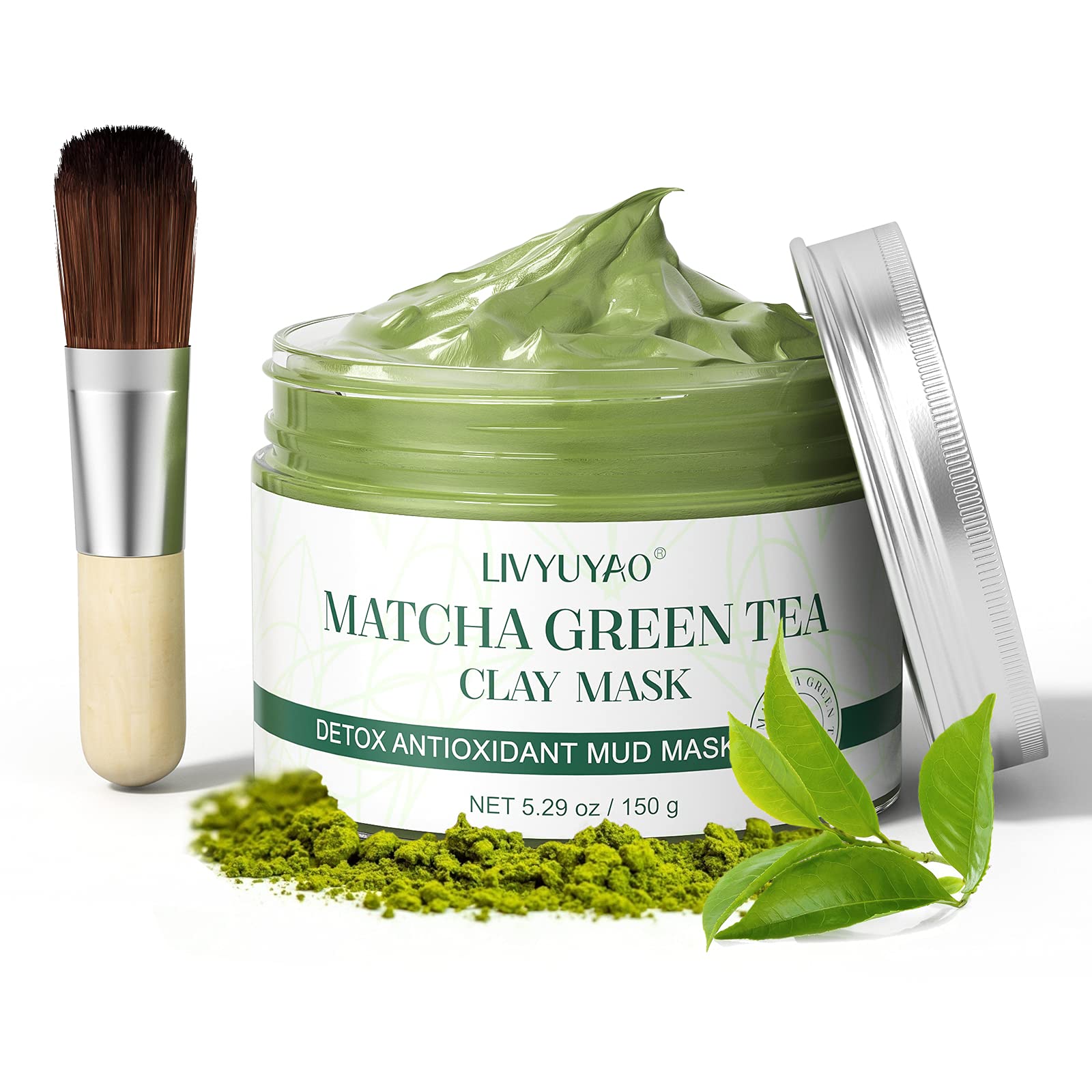 Green Tea Clay Facial Mask, LIVYUYAO Green Clay Mask with Volcanic Mud, Deep Washing Blackhead Remover Mud Mask, Purifying Facial Mask for Wrinkles, Blackheads, Pore, Acne (5.29oz)