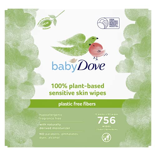 Baby Dove Baby Wipes for Sensitive Skin with 100% Plant-Based Fibers Hypoallergenic 63 Wipes 12 Pack