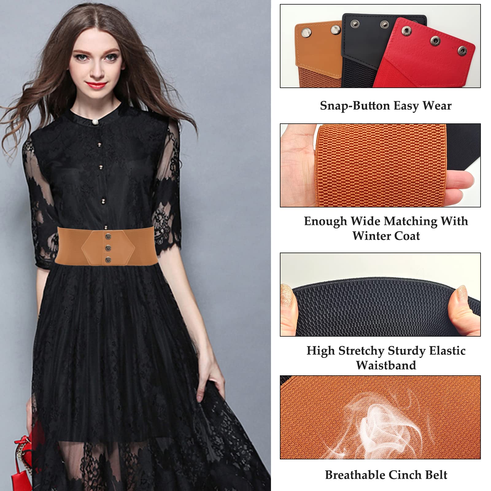 3 packs Snap-Button Corset Belt Wide Elastic Belts for Dress Waistband, Stretchy Corset Elastic Belt for Daily Dress Coat Collocation