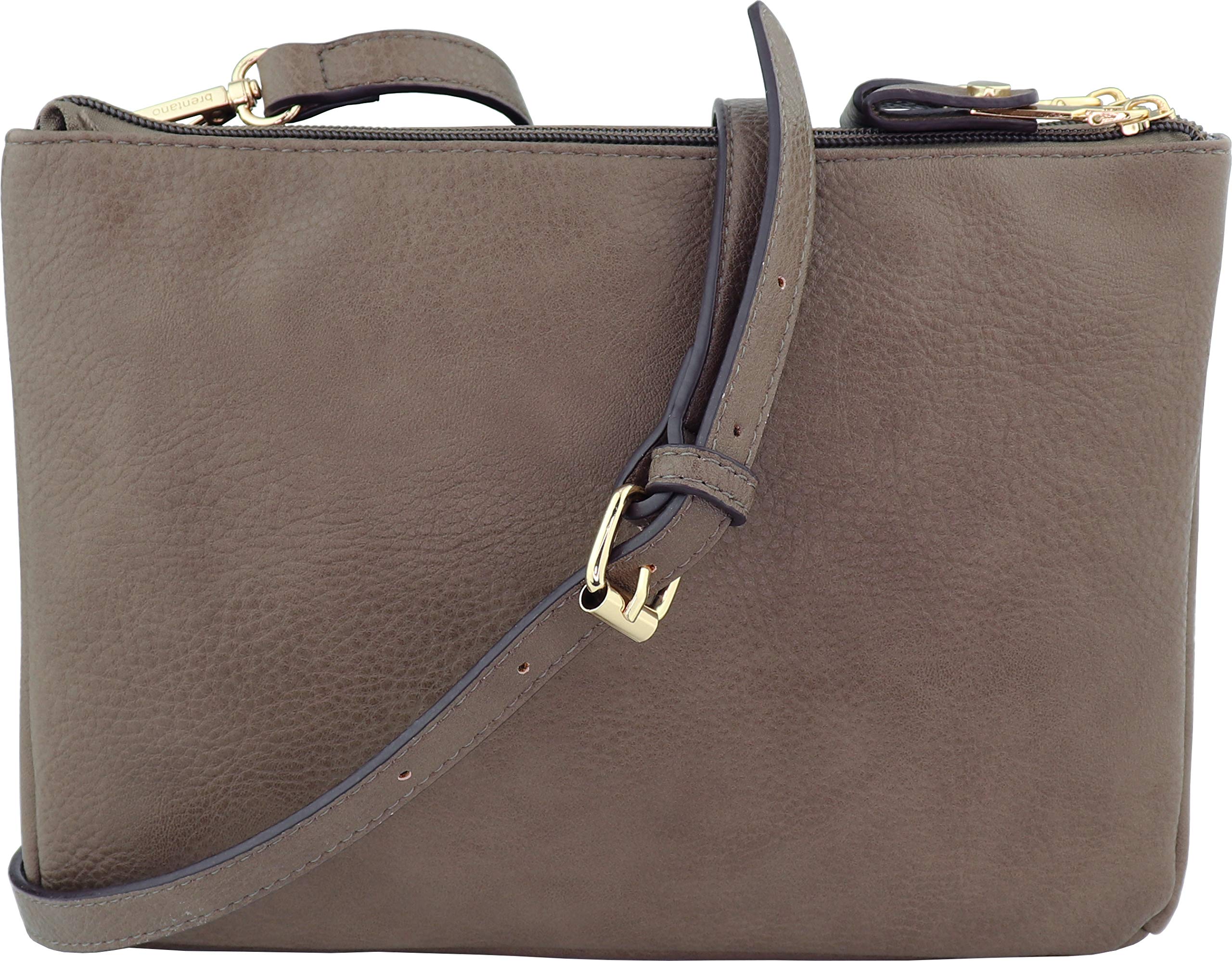 B BRENTANO Multi-zipper Double Pocket Crossbody Handbag Purse (Stone)