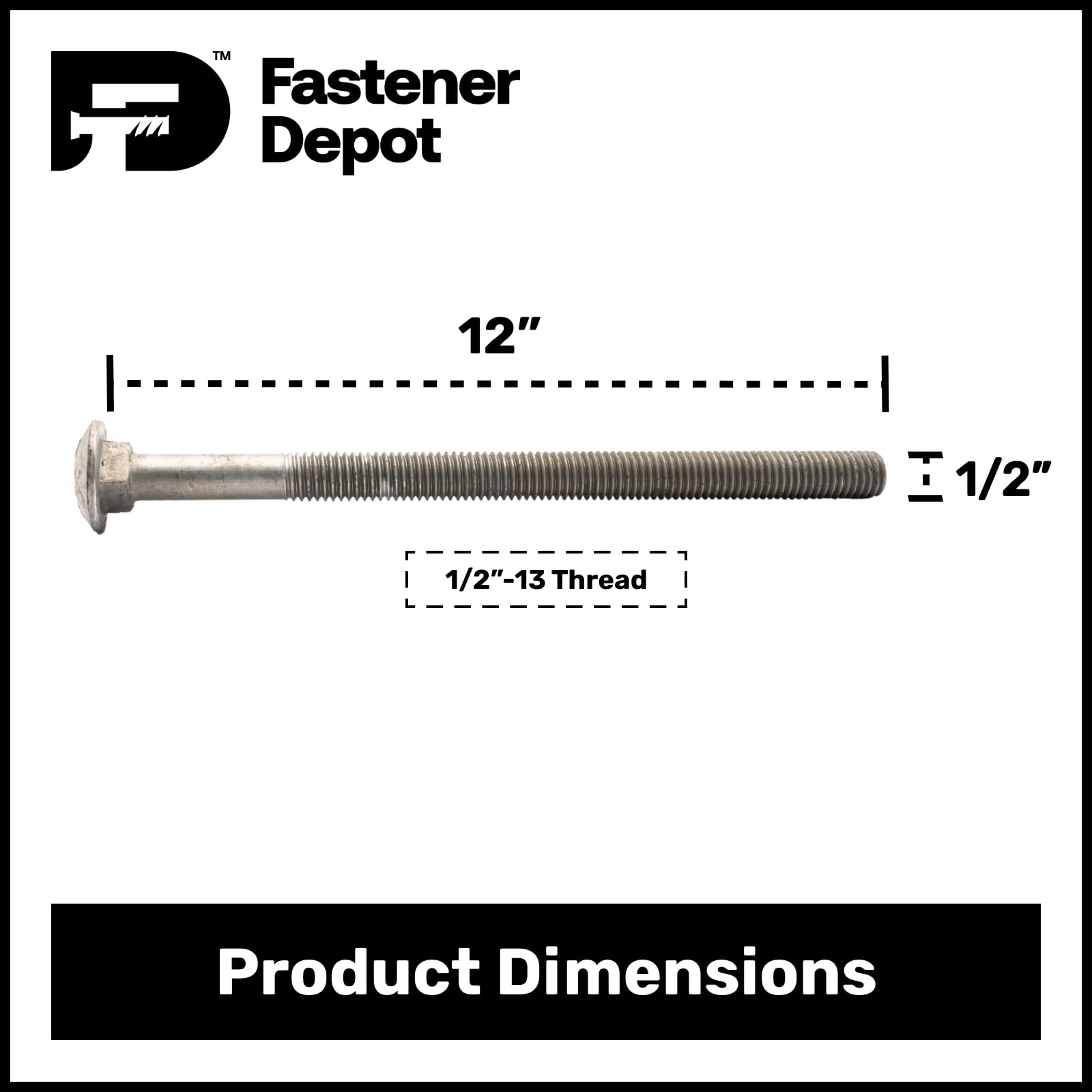 FASTENER DEPOT 1/2inches-13 x 12inches Hot Dipped Galvanized Carriage Bolt w/Nuts & Flat Washers, Quantity 25 - by Fastener Depot, LLC