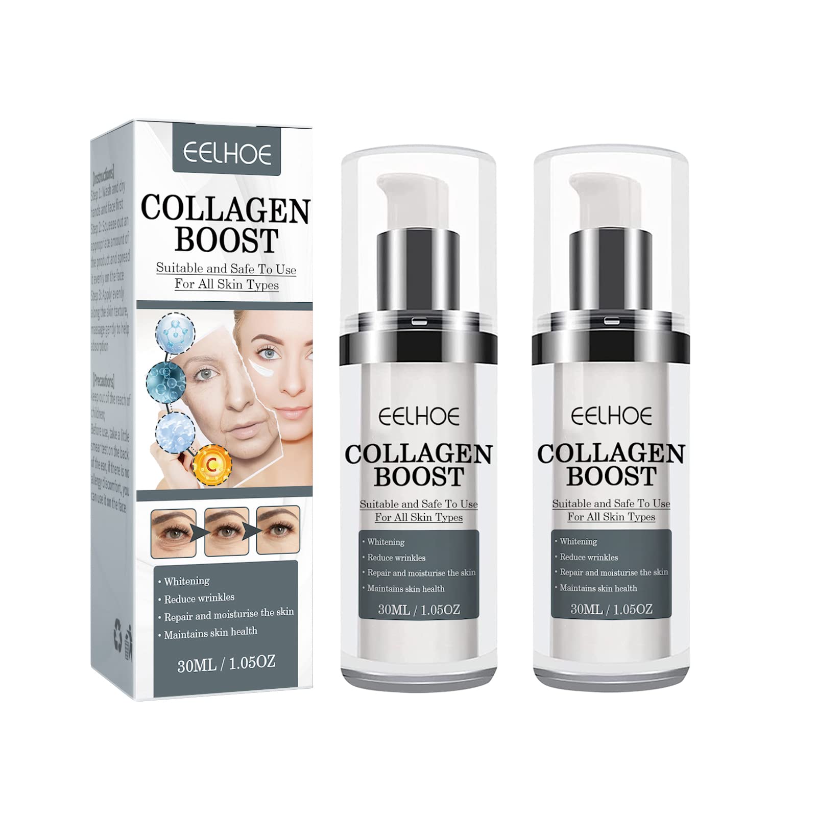2Pcs Rubrial Nature Suero De Colageno Y Elastina, EELHOE Collagen Boost Anti Aging Serum, Phix Philler Peptide Serum, EELHOE Collagen Anti-Wrinkle Cream, JAYSUING Collagen Boost Serum
