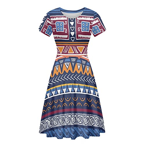 AmzPrint Aztec Tribal Ethnic African Print Dresses for Women Wedding Party Elegant Plus Size Vintage Short Sleeve Dress