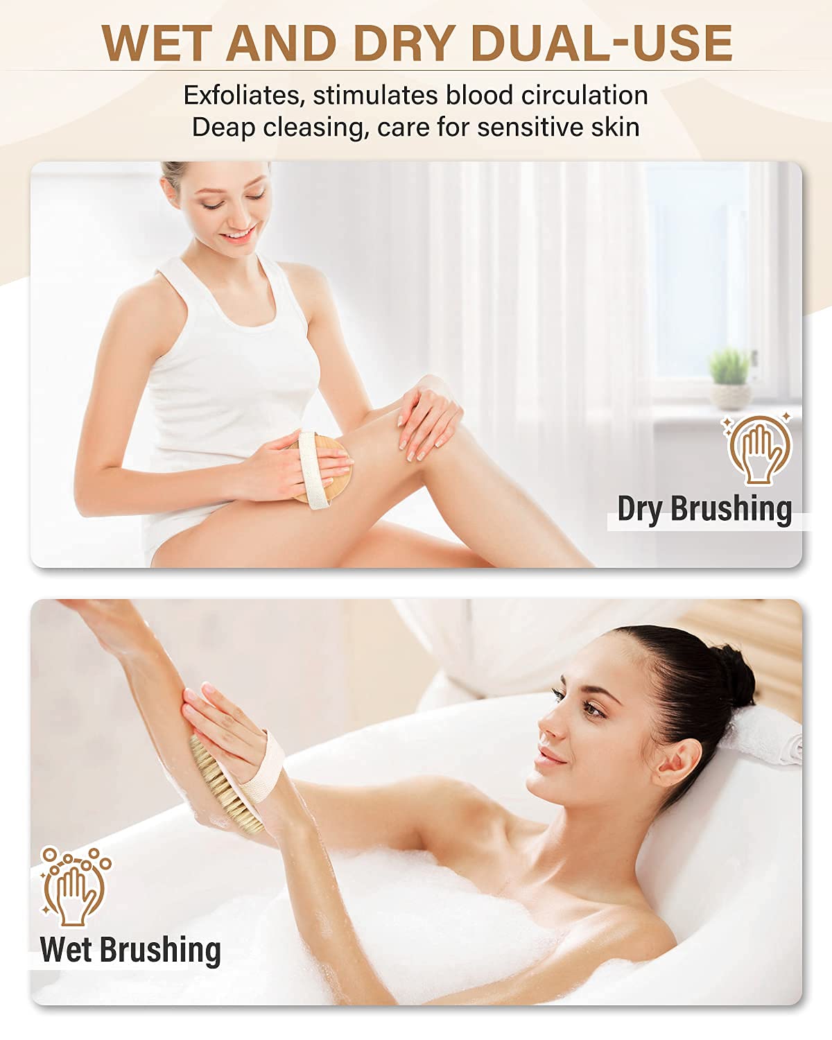 Dry Brushing Body Brush, POPCHOSE Exfoliating Body Brush for Beautiful Skin, Body Scrubber for Cellulite and Lymphatic Drainage, Blood Circulation Improvement with Natural Bristles Massage Nodules