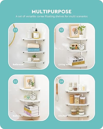 Baffect Corner Floating Shelves, Set of 3 Fan-Shaped Wooden Storage Board, Decorative Wall-Mounted Shelves for Living Room (White, 9.85in)