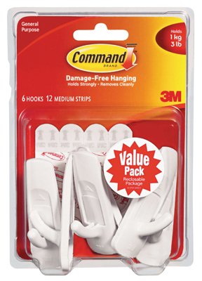 Command 170016Es Reusable Adhesive Hooks, Medium, Value Pack, 6/Pk,We