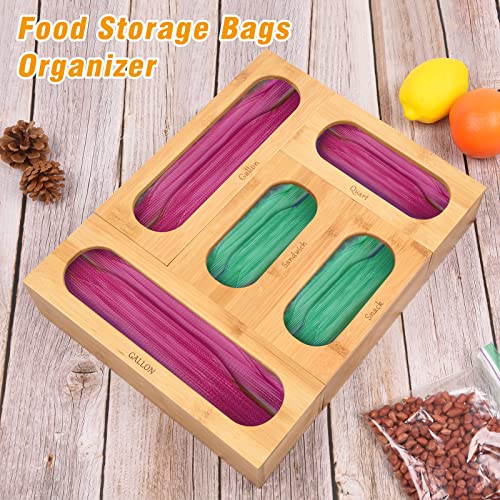Bag Storage Organizer for Kitchen Drawer, Bamboo Organizer, Compatible with Ziplock Gallon, Quart, Sandwich and Snack Variety Size Bag (Parted)