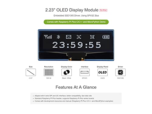 Waveshare 2.23inch OLED Display Module for Raspberry Pi Pico 128×32 Pixels SPI/I2C Interface Embedded SSD1305 Driver