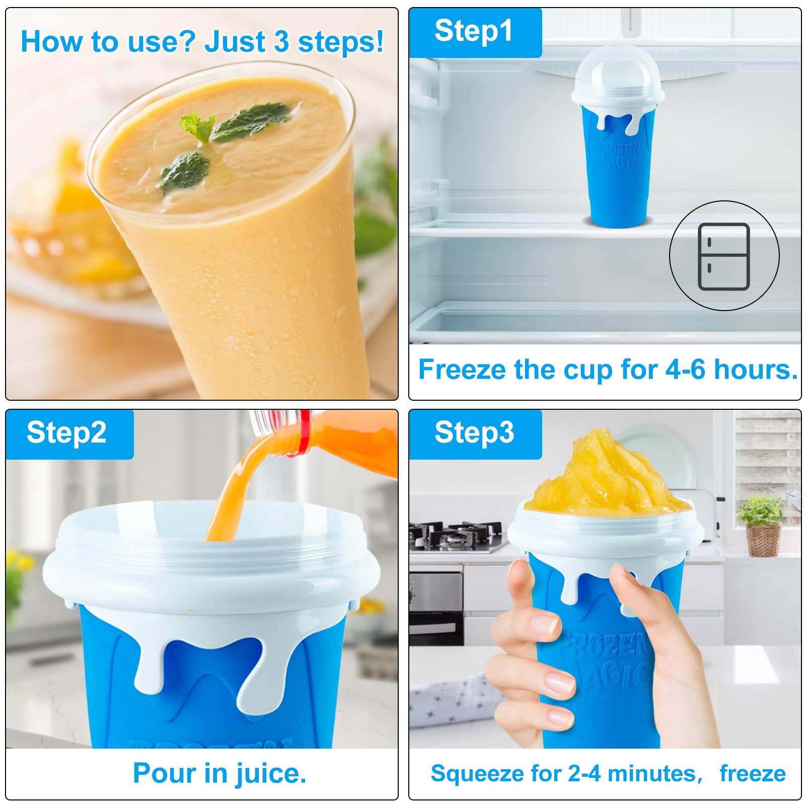 2Pcs Slushie Maker Cup, Quick Frozen Magic Cup Silicone Slushy Cup 500ml Smoothies Squeeze Cup with Lid for Cola, Milk Shake, Fruit Juice