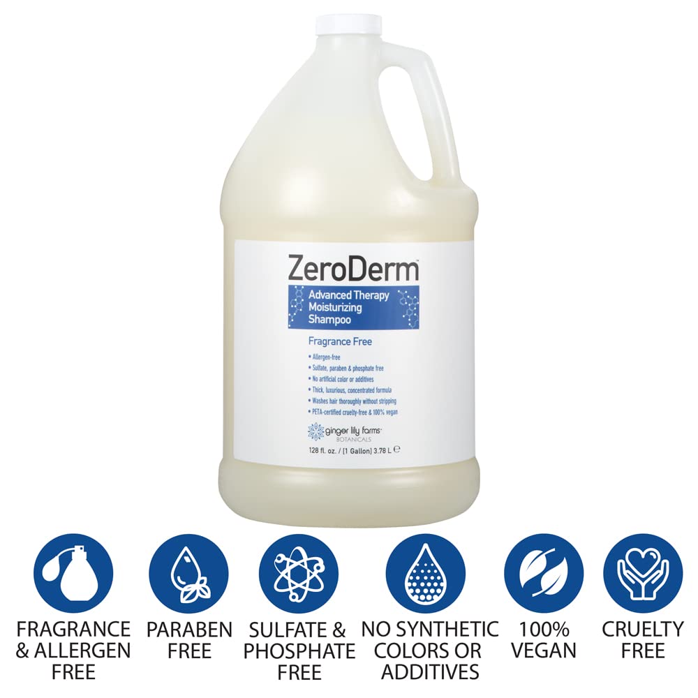 Ginger Lily Farms Botanicals ZeroDerm Advanced Therapy Moisturizing Shampoo for All Hair Types, 100% Vegan & Cruelty-Free, Fragrance Free, 1 Gallon (128 Fl. Oz.) Refill