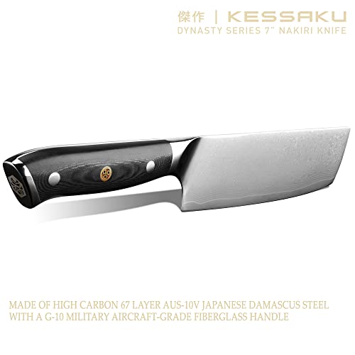 KESSAKU Nakiri Knife - 7 inch - Damascus Dynasty Series - Asian Vegetable Cleaver - Razor Sharp Kitchen Knife - Forged 67-Layer Japanese AUS-10V Stainless Steel - G10 Garolite Handle with Blade Guard