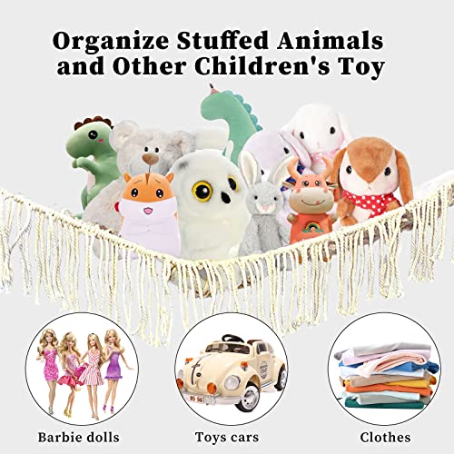 Boho Stuffed Animals Net Or Hammock Large,55 inch Toy Hammock Macrame Stuff Animal Storage Corner Hanging Net Holder,Mesh Hammock Plush Toy Organizer with Tassel & Hooks for Bedroom