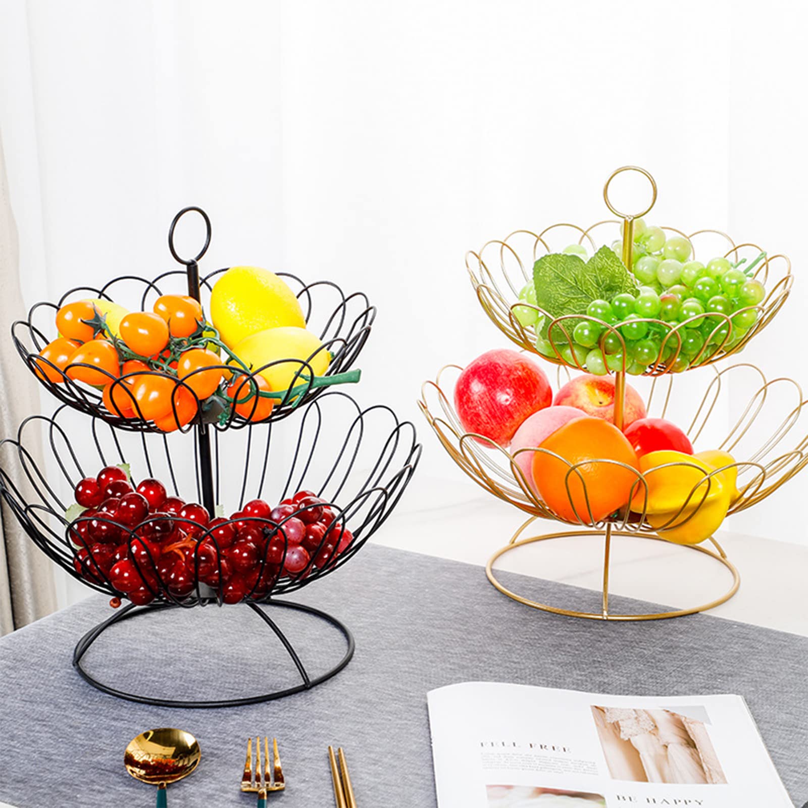2 Tier Kitchen Countertop Fruit Basket Bowl for Bread Vegetables Snack Storage, Removable Organizer Shelf Storage Rack, Modern Design Tiered Fruit Holder Stand，for Gifts Home Party（black）
