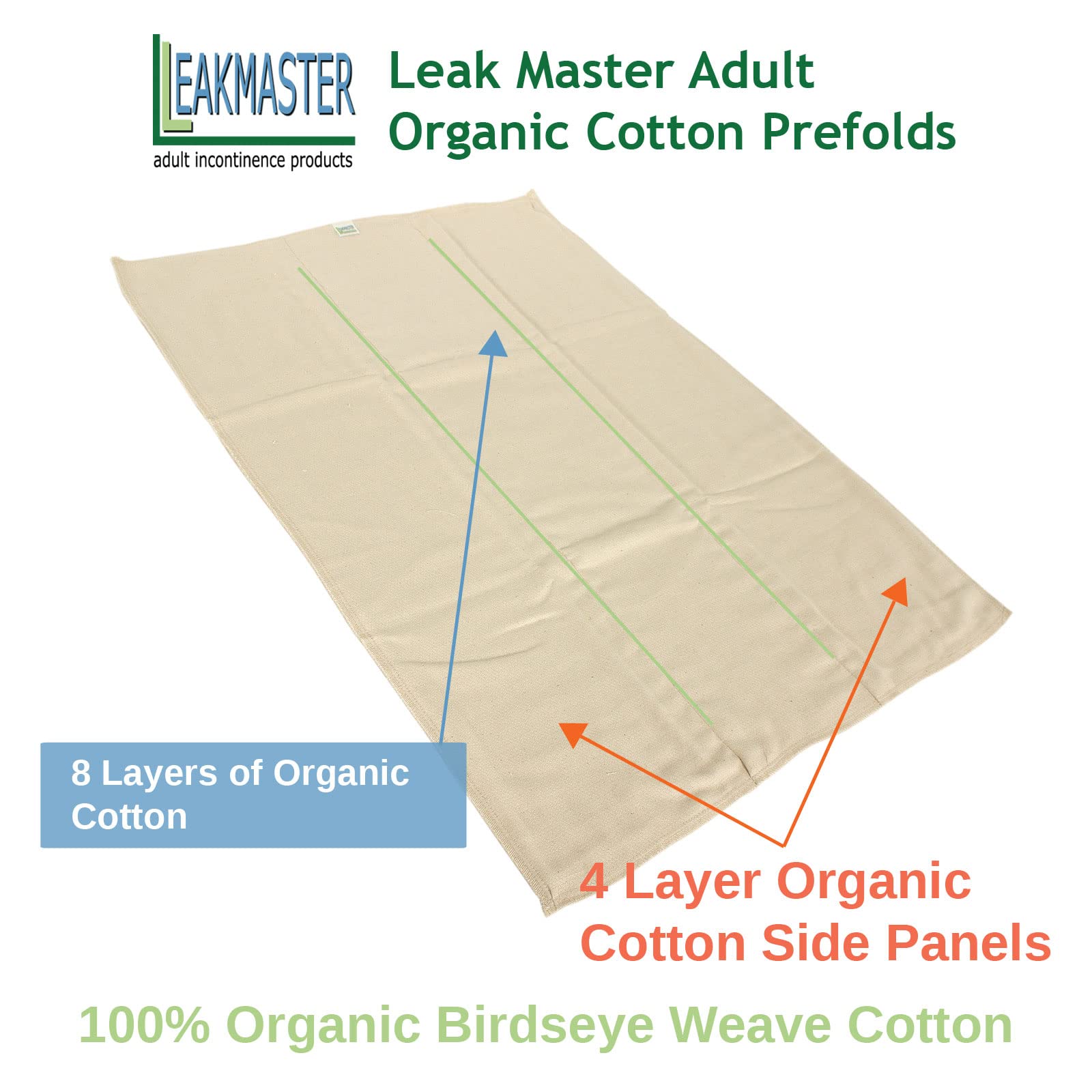 LeakMaster Organic Adult Prefold Cloth Diaper - Size Medium (32 to 42 Inch Waists)- 100% Organic Birdseye Weave Cotton - Extra Soft, Durable and Earth Friendly