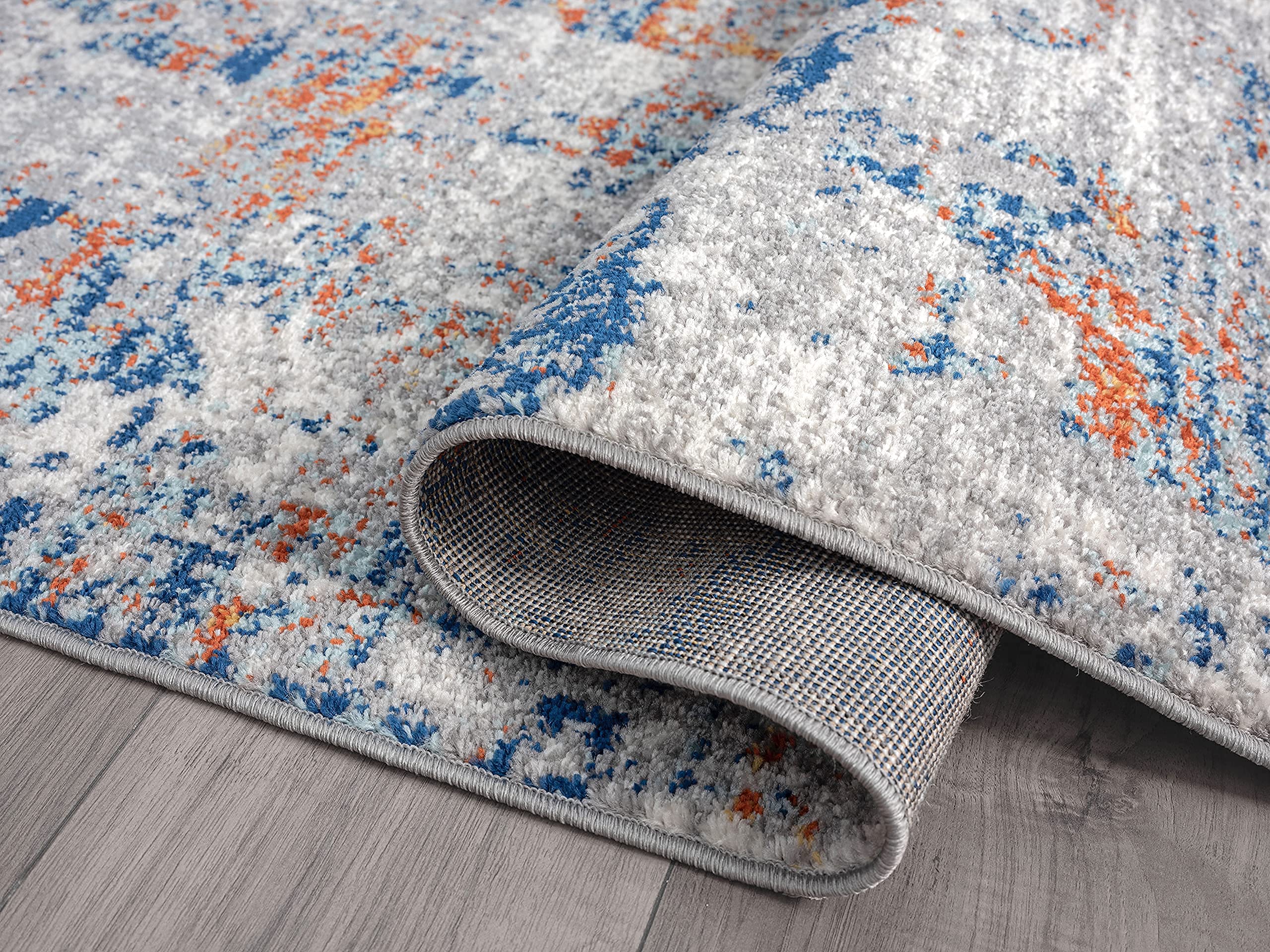 Abani Blue, Grey & Orange Area Rug, Abstract Vintage 4 by 6 Foot Rugs Contemporary Living Room Accent Carpet