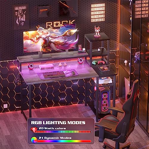 armocity 2023 Upgrade Gaming Desk with LED Lights, Small Computer Desk with Long Monitor Stand, 40'' Reversible Laptop Table with Storage Shelves, Small Desk for Small Spaces, Gaming Room, Grey