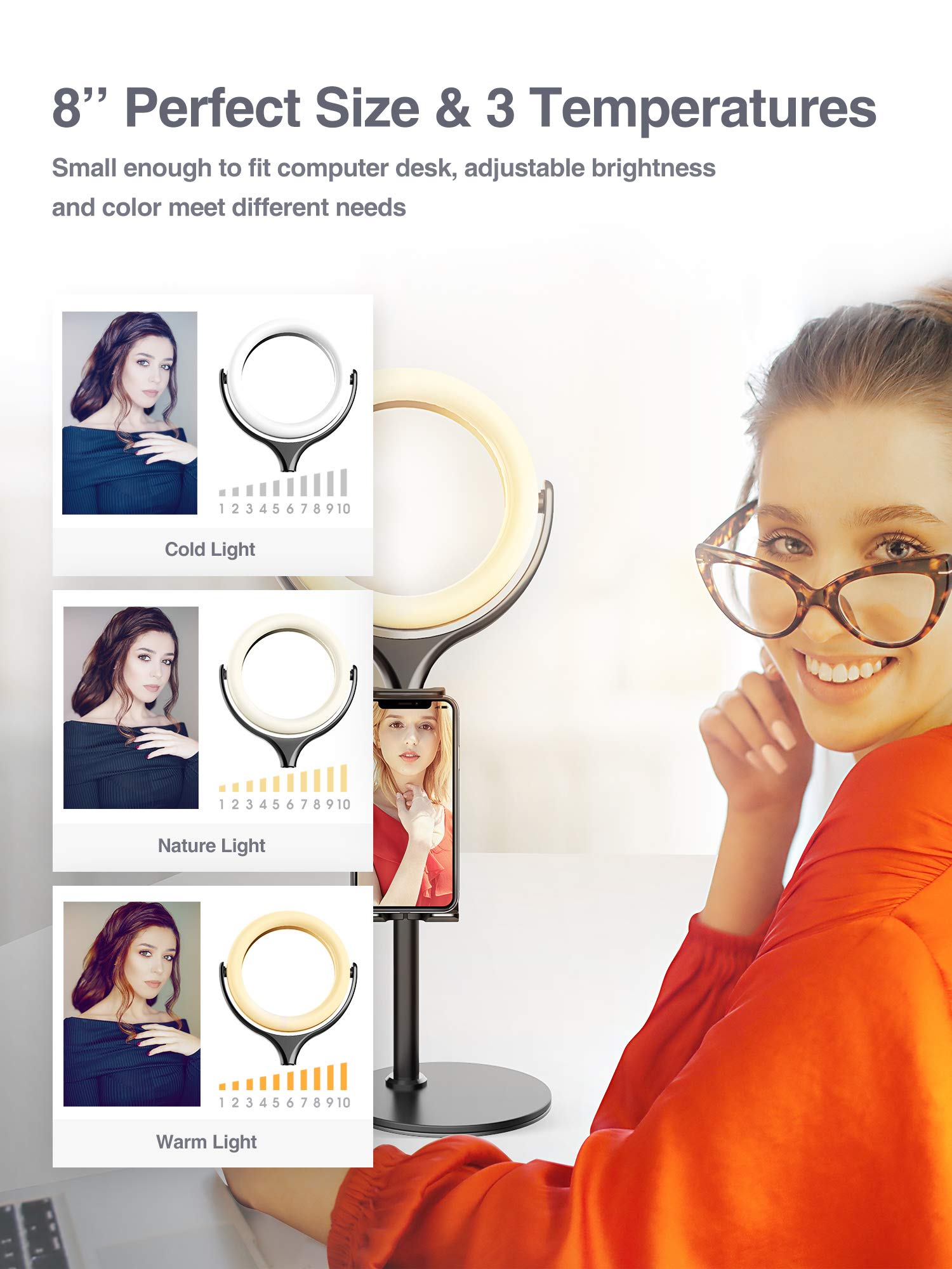 Elitehood iPad Stand with Ring Light for Online Video Conference, 3 Colors & 10 Brightness Computer Ring Light, Adjustable Desktop iPad Holder Stand for iPad Pro 12.9 11 Air Mini and 4-13’’ Tablet
