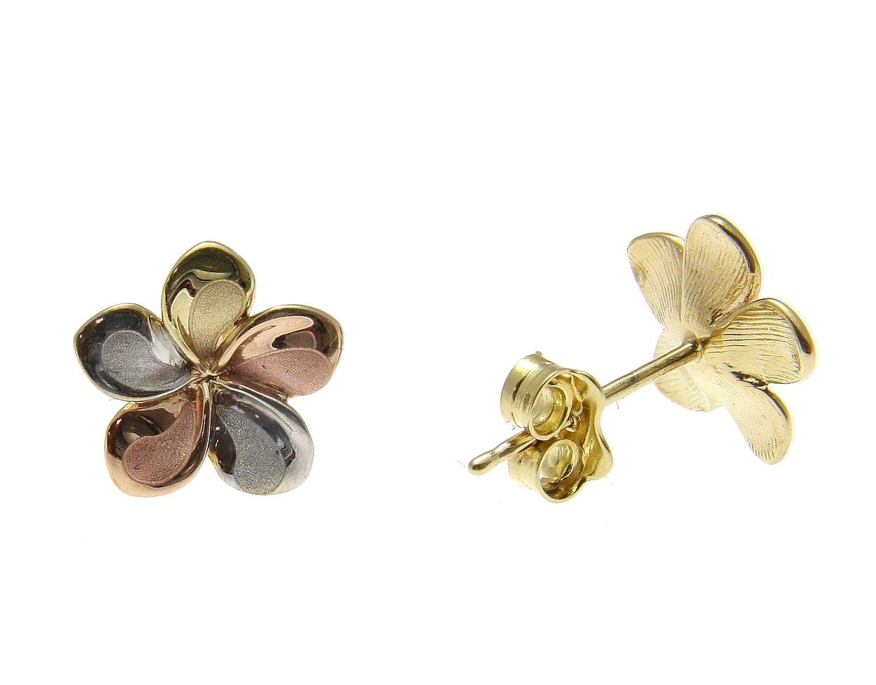 14K solid tricolor gold Hawaiian 11mm plumeria flower stud earrings