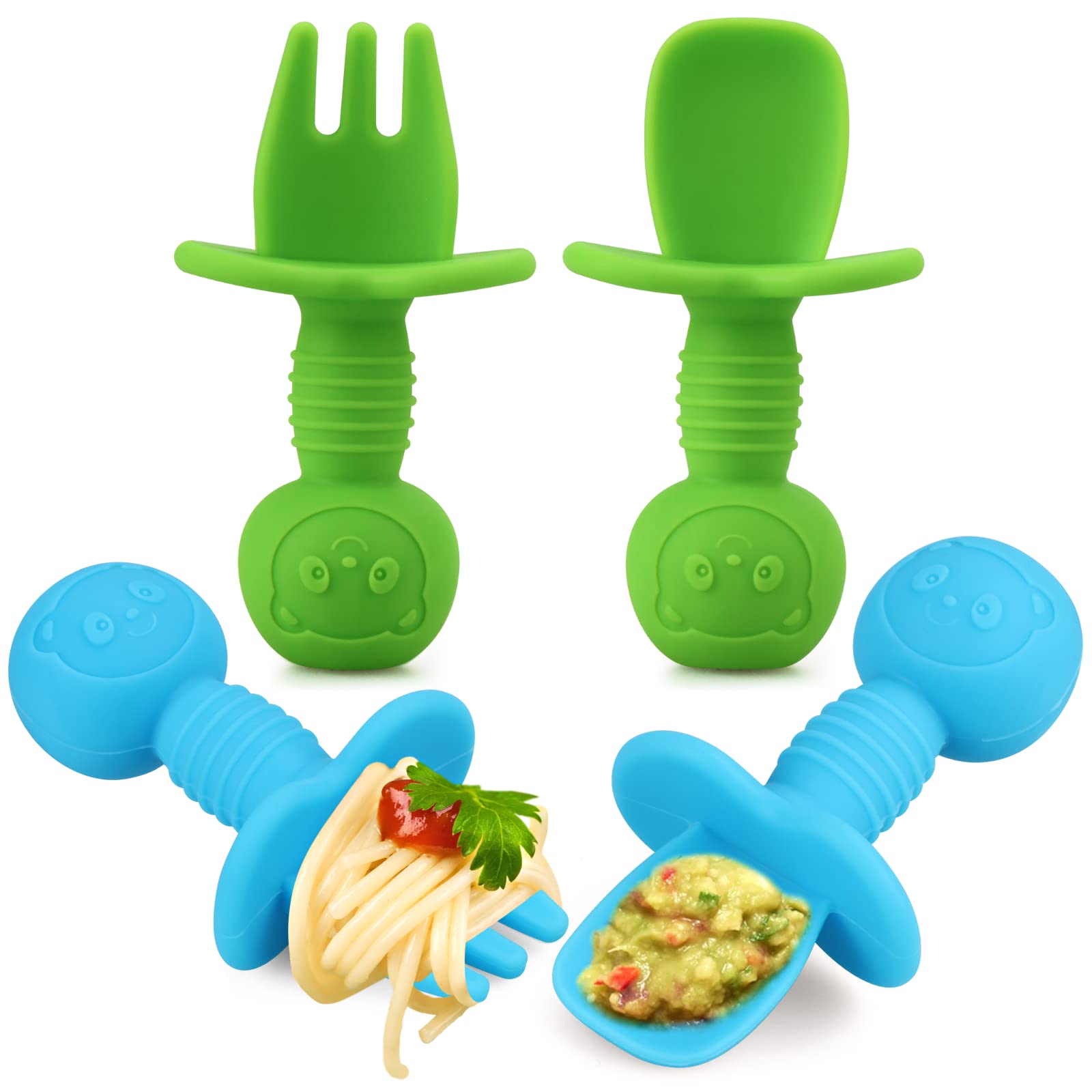 4 Pack Silicone Baby Led Weaning Spoons and Forks, First Stage Toddler Utensils for Baby Led Weaning, Self Feeding (Green,Blue)