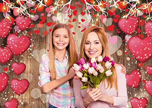 Dudaacvt 7x5ft Valentine's Day Backdrop Rustic Wood Red Love Heart Background for Mother's Day Wedding Bridal Shower Party Decor Banner Portrait Photo Studio Booth Props D480