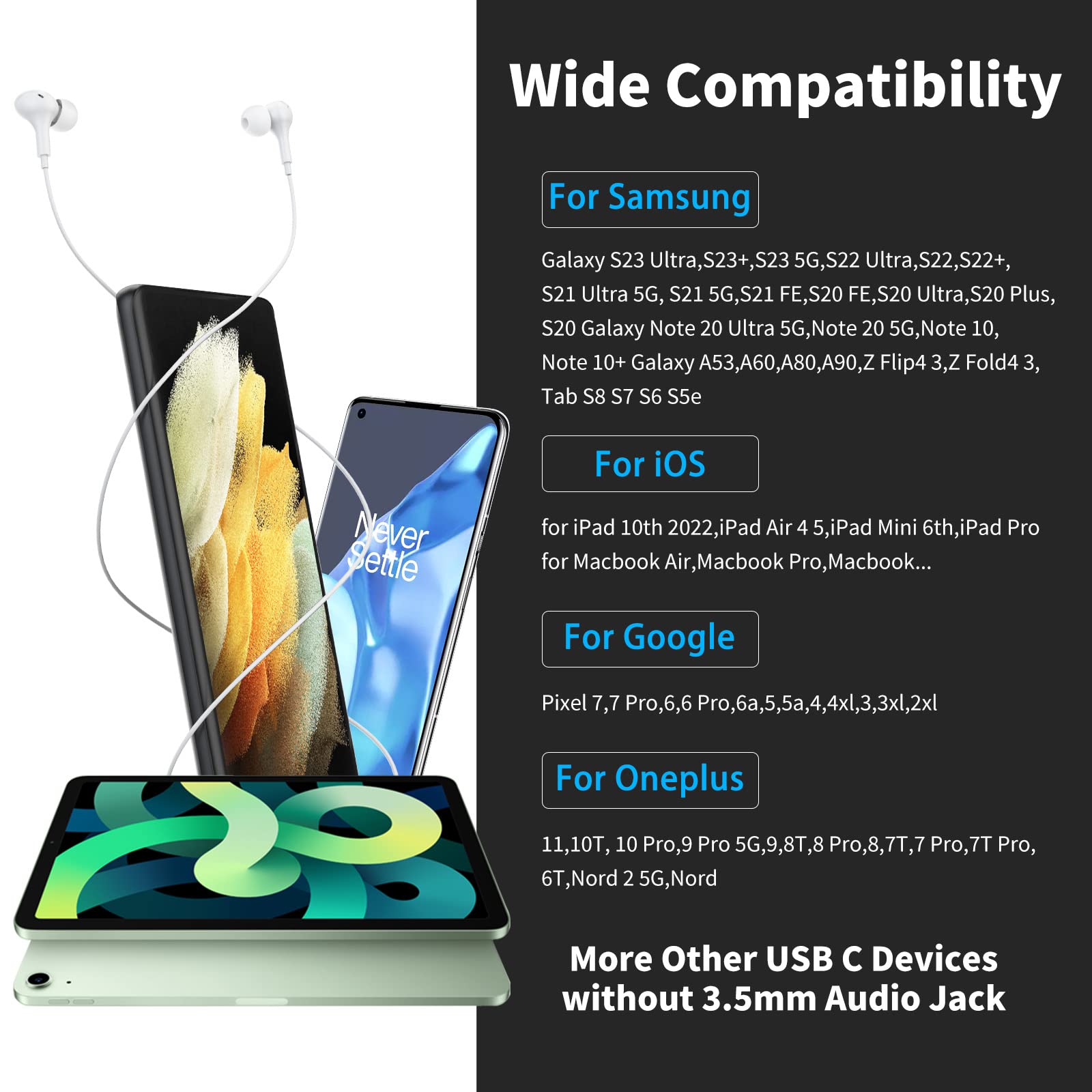 2-Pack USB C Headphones Magnetic Wired Earbuds in-Ear USB C Earphones with Mic Volume Control Stereo Noise Canceling for iPad Air (M2),Samsung S24 S23 Ultra S22 S21 S20 A53,Pixel 6a 6 7 OnePlus 11