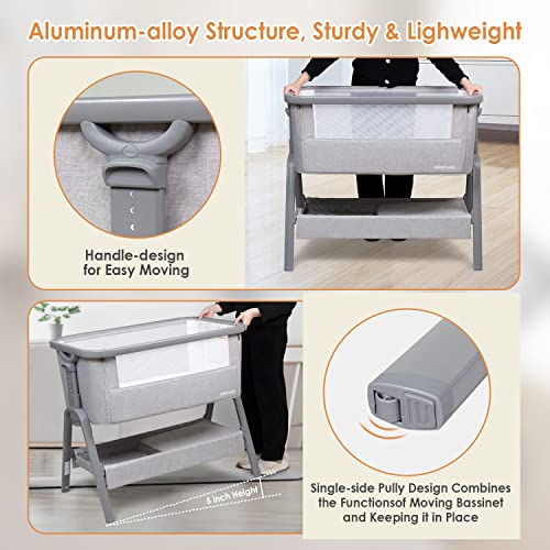 Beberoad Love Baby Bassinet Beside Sleeper for Baby Lightweight Portable 6 Heights Adjustable Beside Crib Baby Bed Cradle for Newborns Infants with Mattress Wheels Storage Basket Travel Bag Light Grey