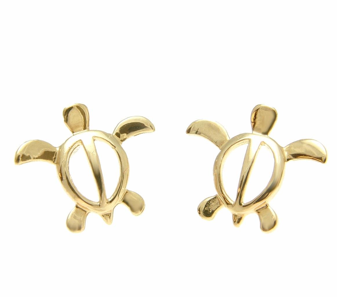 14K solid yellow gold shiny Hawaiian medium honu turtle stud post earrings