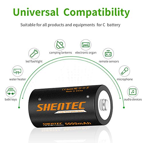 Shentec Rechargeable C Batteries, 5000mAh 1.2V Ni-MH High Capacity 4 Pack C Size Battery with Charger