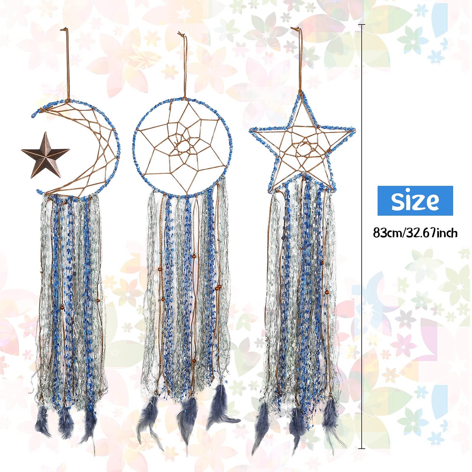 3 Pieces Dream Catcher Moon Sun Star Blue Design Handmade Modern Dreamcatcher with 3 LED String Lights for Bedroom Hanging Wall Home Decoration Ornament Festival Present