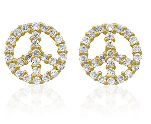 14K Solid Yellow Gold Womens Round Cubic Zirconia Cz Small Peace Sign Hipster Stud Earrings Perfect for Ladies - 0.27in