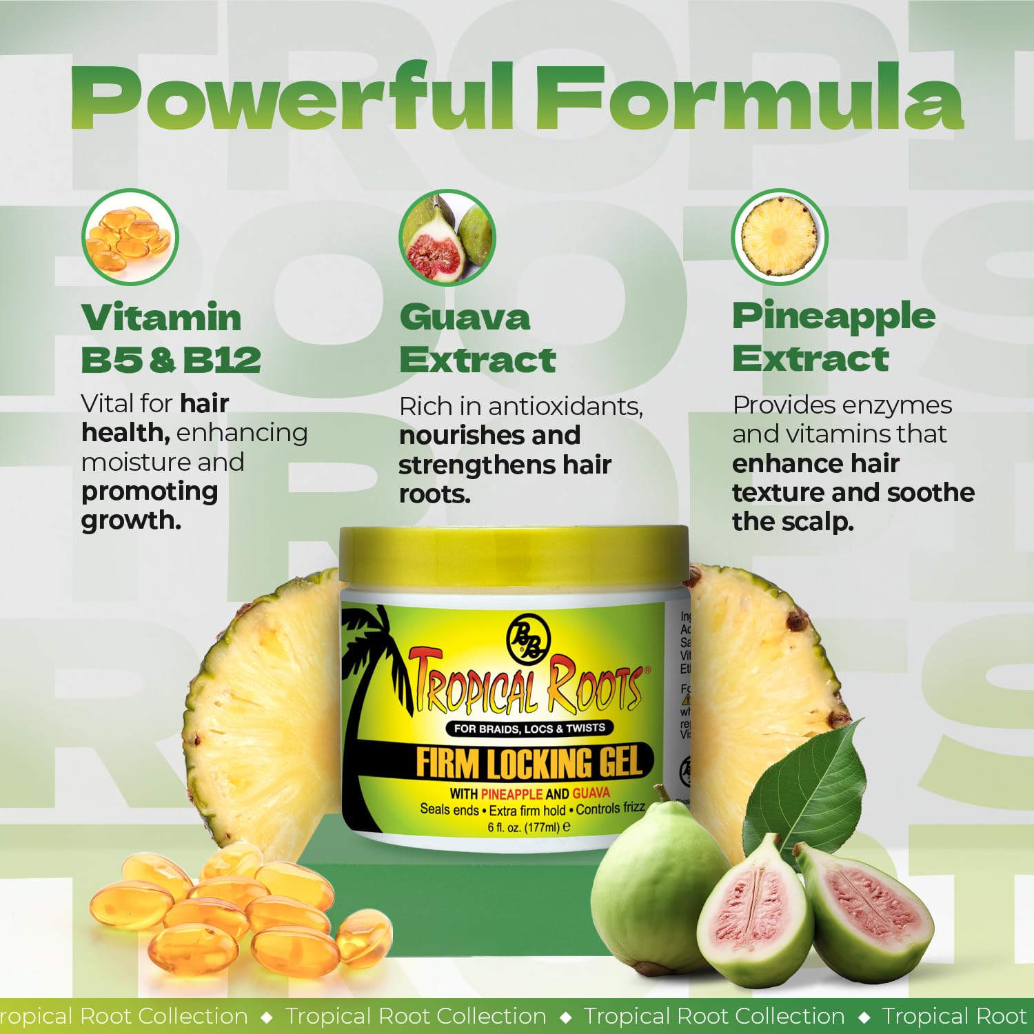 Bronner Bros Tropical Roots Firm Locking Gel - Loc & Twist Gel Ideal for Braids, Twists & Locs with Pineapple & Guava Extracts, Vitamins B5 & B12 - Strong Hold, Non-Flaking, Moisture & Shine - 6oz