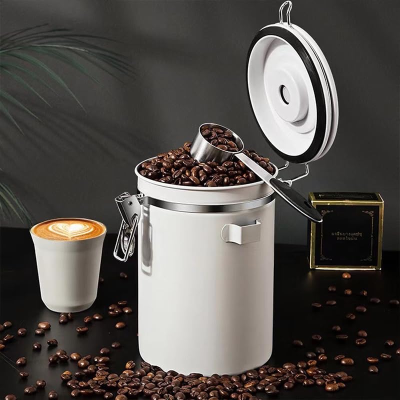 AIANDE 3 in 1 Coffee Canister,Milk frother pitcher 12oz, Stainless Steel Canisters With Airtight Lids Storage Coffee Tank With Scoop (1.5LWhite)